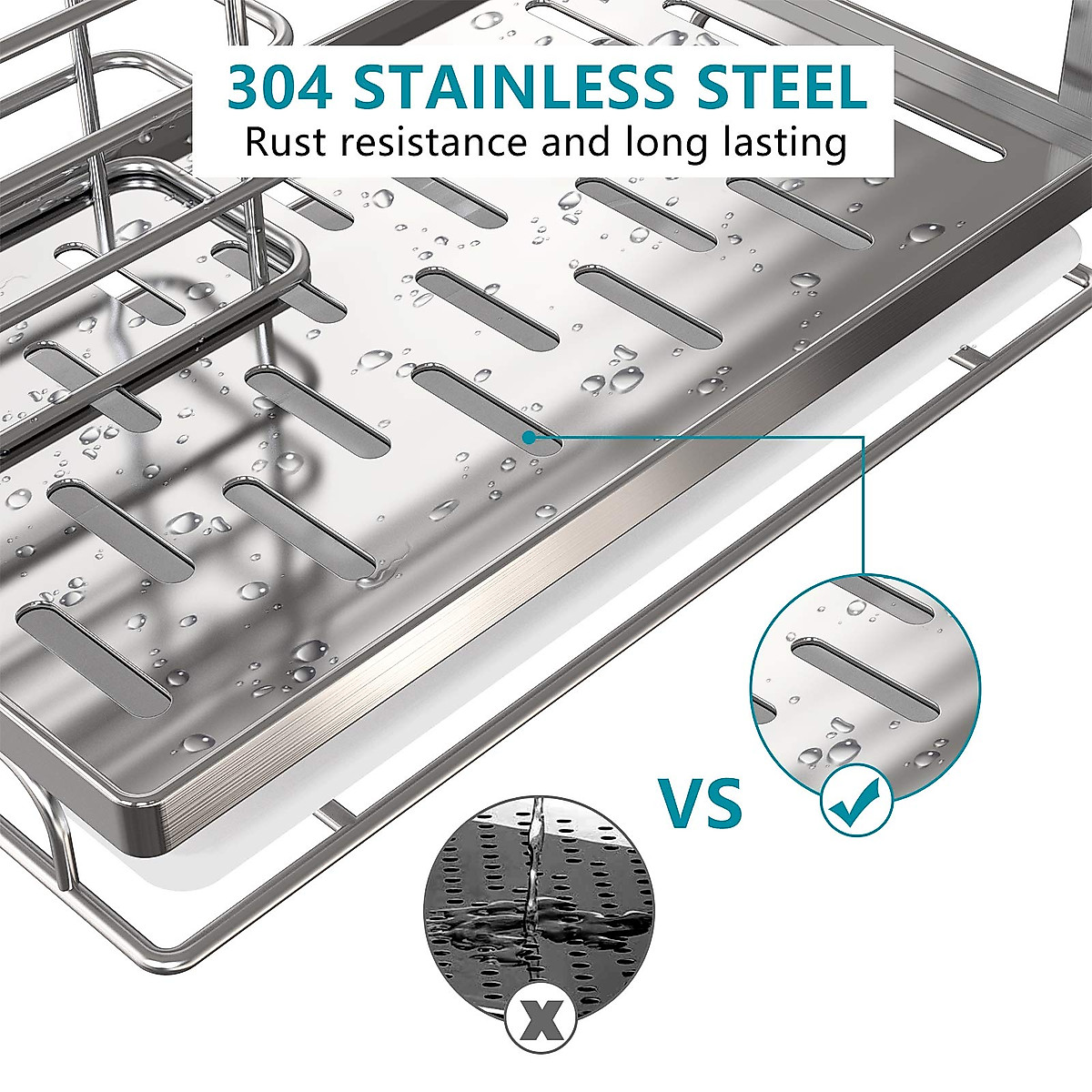 FavoThings Kitchen Sink Caddy Sponge Holder Dish Brush Storage with Drain Tray, SUS304 Stainless Steel, Countertop Sponge Brush Rags Soap Holder, Silver