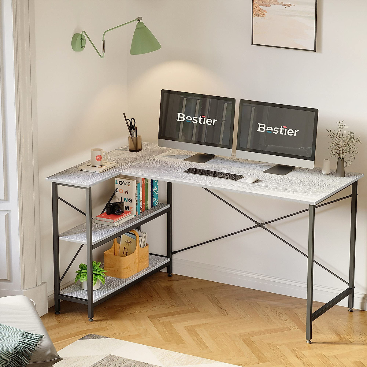 Bestier L Shaped Desk with Storage Shelves 55 Inch Corner Computer Desk Writing Study Table Workstation for Home Office, Wash Gray