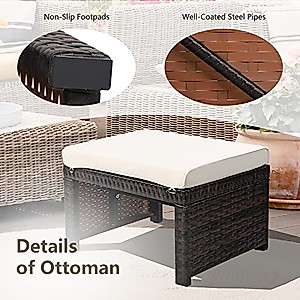 HAPPYGRILL 2 Piece Outdoor Wicker Ottomans, Patio Rattan Footstool with Cushions, Solid Steel Frame, Multifunctional Ottomans for Poolside Backyard Balcony