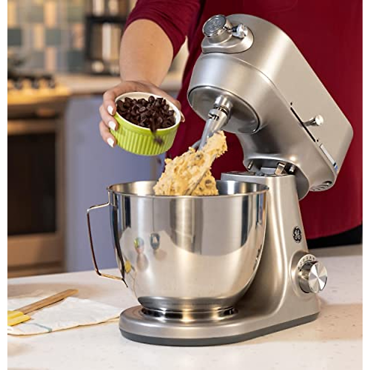 GE Tilt-Head Electric Stand Mixer | 7-Speed, 350-Watt Motor | Includes 5.3-Quart Bowl, Flat Beater, Dough Hook, Wire Whisk & Pouring Shield | Countertop Kitchen Essentials | Granite Gray
