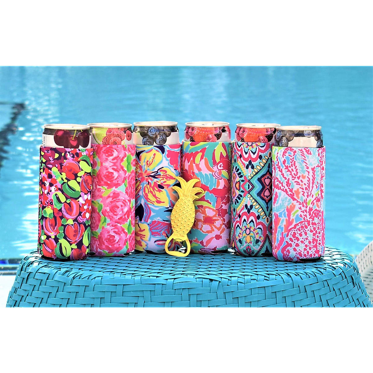 6-Pack Slim Can Neoprene Insulators in Cute Floral Patterns and Pineapple Bottle Opener| Perfect for Insulator for 12oz Tall Drinks Like White Claw, Truly, Red Bull, Spiked Seltzer, Michelob Ultra!