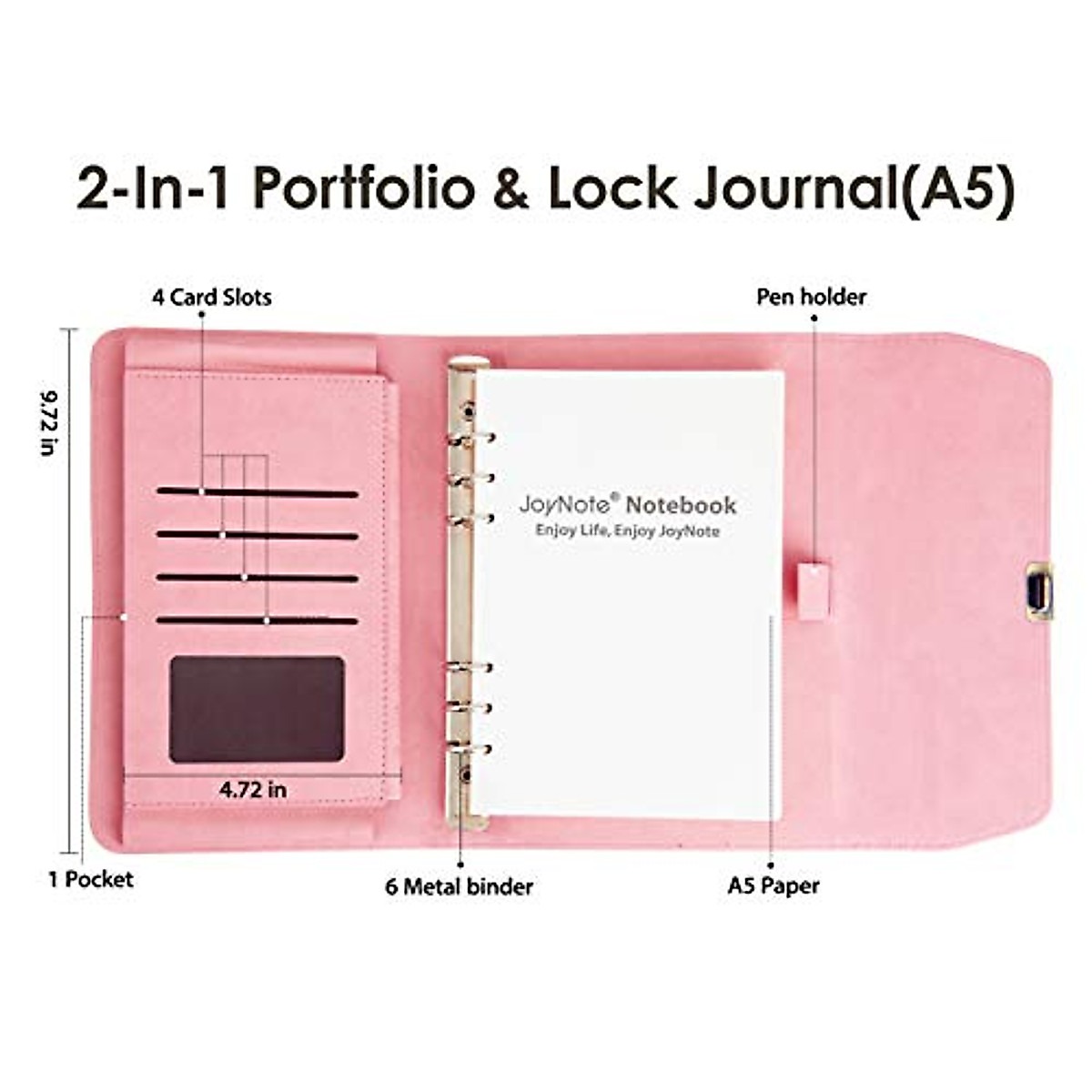 JoyNote Journal with Lock for Women, 2-in-1 Lock Journal with Combination Digital Password, Locking Diary Journal Notebook with 4 Card Slots, Pen Holder, 95 Sheets/190 Pages A5 Papers, Pink