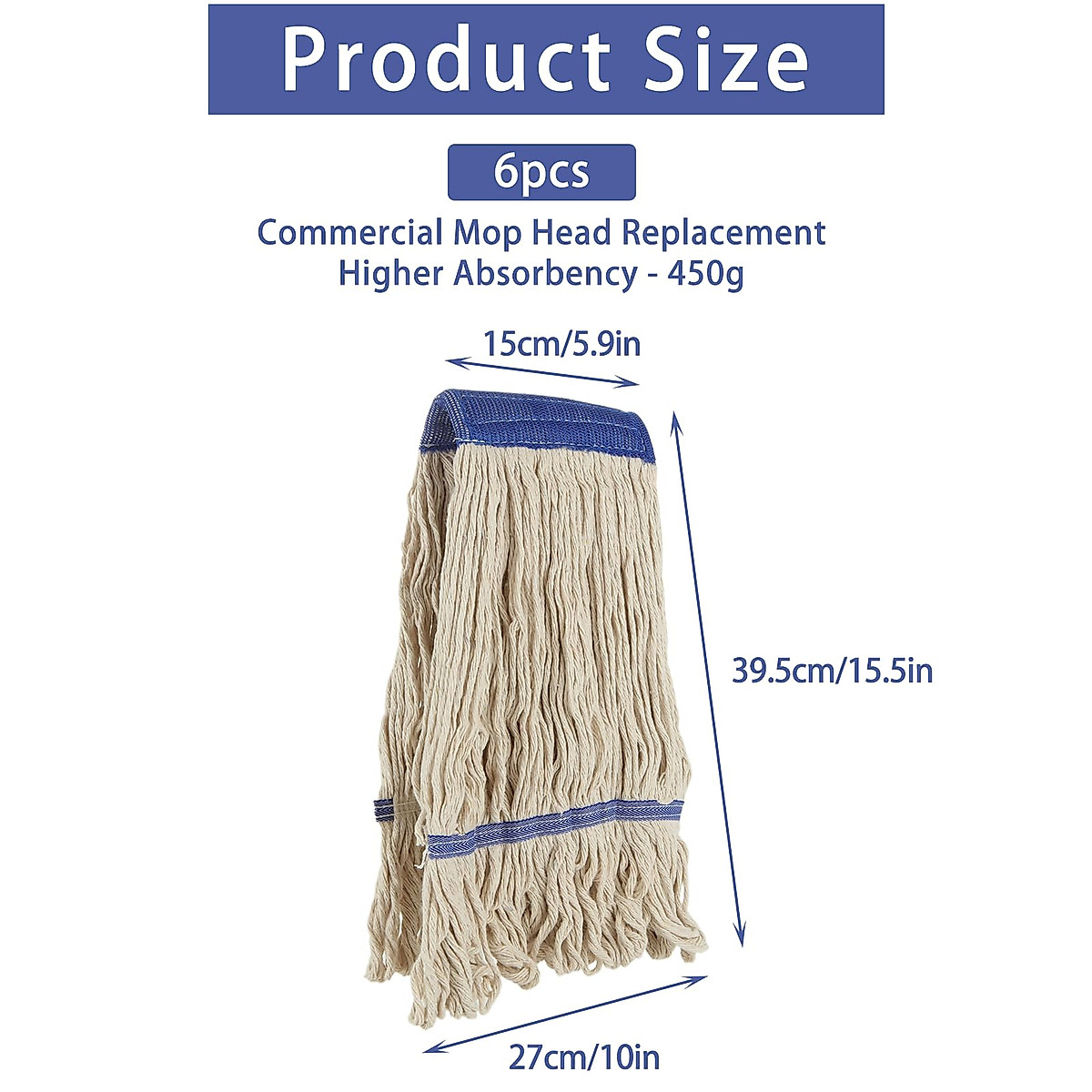 LISHINE 6 Pcs Mop Head Replacement Commercial Heavy Duty Mop Head for Floor Cleaning Wet Industrial White Cotton Loop-End String Wet Mop Head for Home, Industrial Cleaning