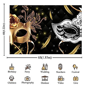 KUKUSOUL 6x4ft Mardi Gras Masquerade Party Backdrop Carnival Party Gold Sparkling Mask Background for Adults Women Birthday Party Decorations Birthday Party Decorations KUHBZT115