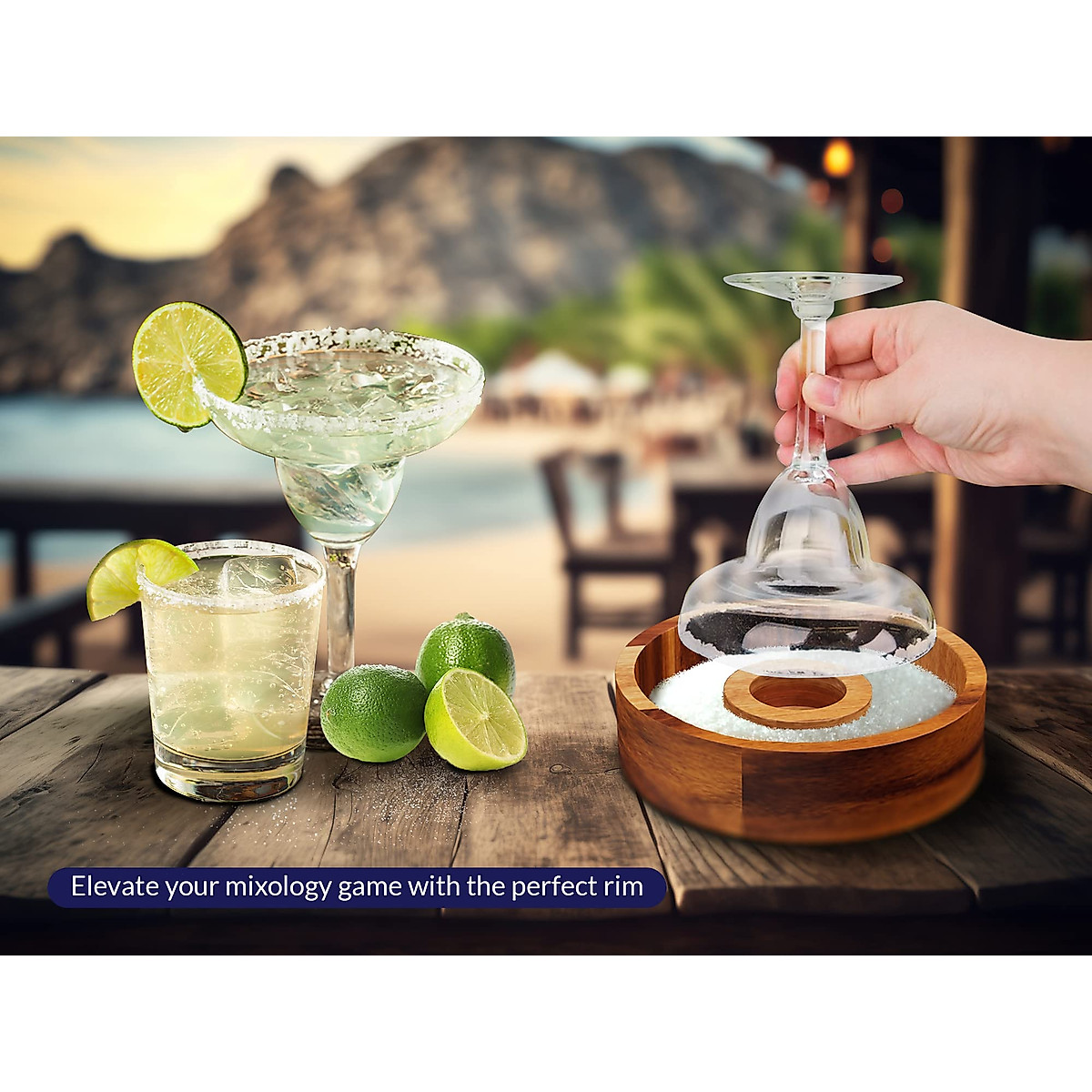 SwankyCow 2x Acacia Wood Cocktail Rimmer - Margarita Salt Rimmer, 6.30" Diameter - Home Bar Accessories for Salt & Sugar