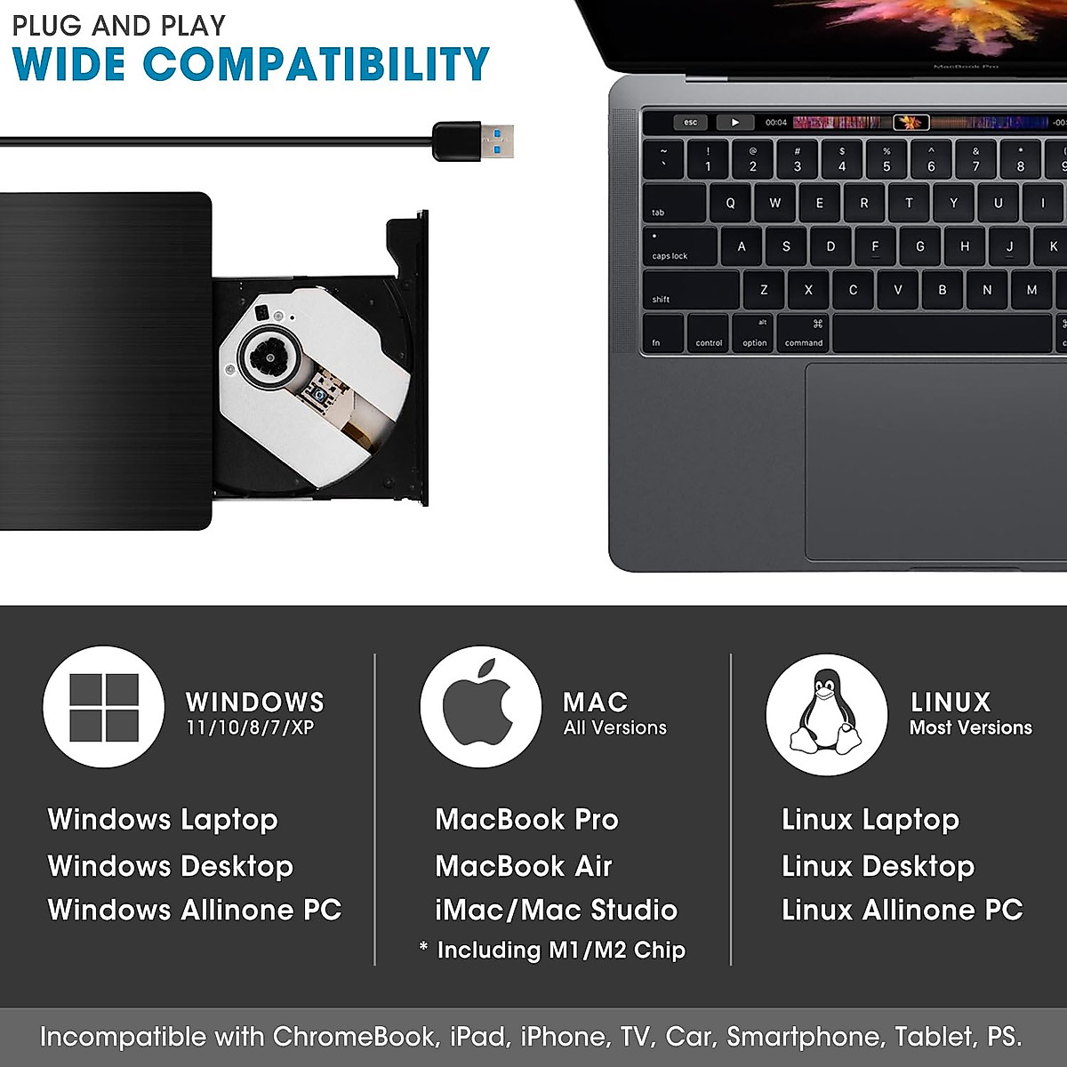 ROOFULL External CD DVD Drive USB 3.0 Portable DVD & CD-ROM +/-RW Player Burner Reader Writer Rewriter Adapter Optical Disc Drive for Laptop PC Windows 11/10/8/7 Mac Linux Desktop Computer