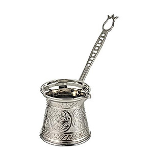 Turkish Coffee Pot, Moka Pot, Espresso Maker for the Stove Top, Camping Coffee Pot, Handmade Greek Arabic Coffee Warmer Cezve with Brass Handle, Stainless Steel Inside (Small 8 oz, Silver)