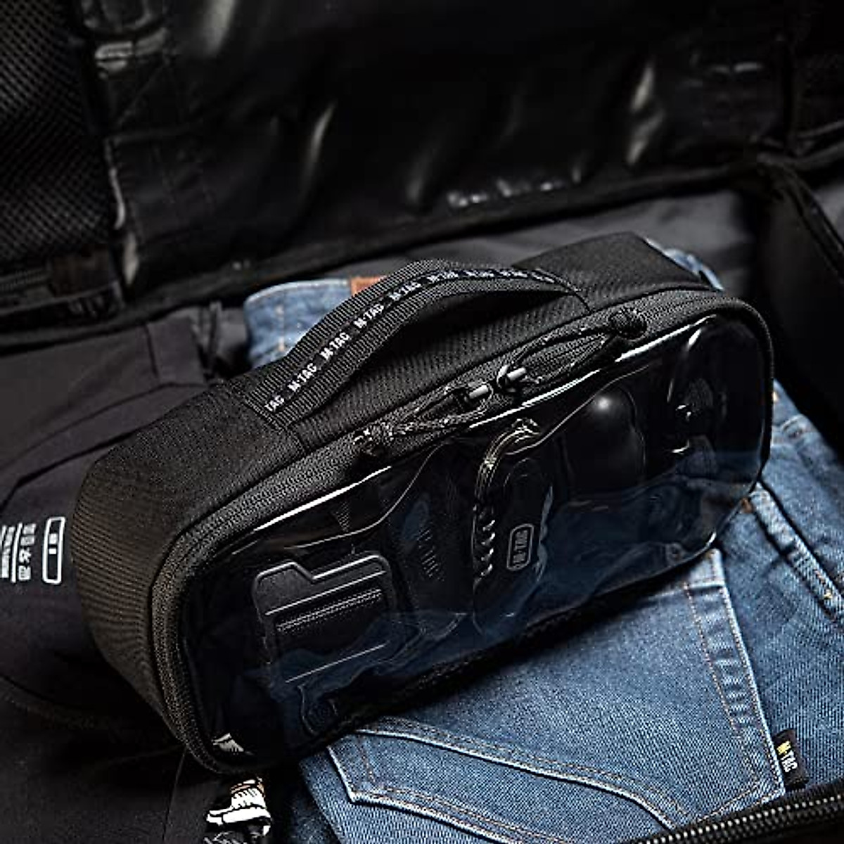 M-Tac Elite Bag Organizer Transparent Medium - Tactical Clear Durable Pouch with Zipper, Handle and Nylon Mesh Bottom (10.2 x 4.3 inches, Black)