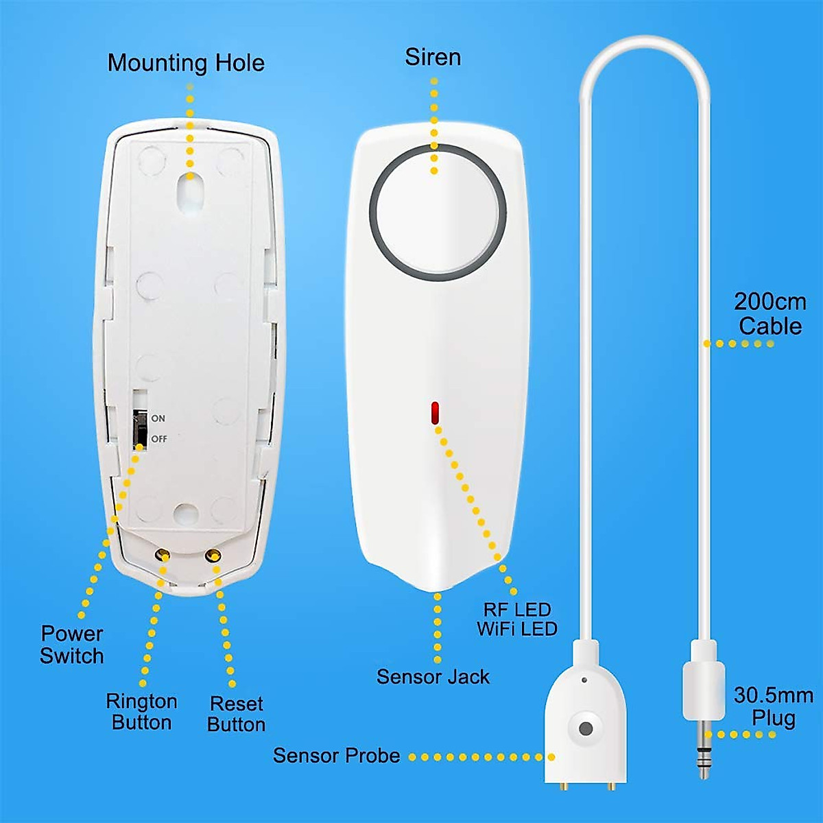 Water Alarm Sensor with 80dB Loud Sound WiFi Leak Detector, Overflow Leak Alarm, Remote Monitoring leaker for Water Heater Basement Sewage Pump, TUYA/Smart Life APP Notification