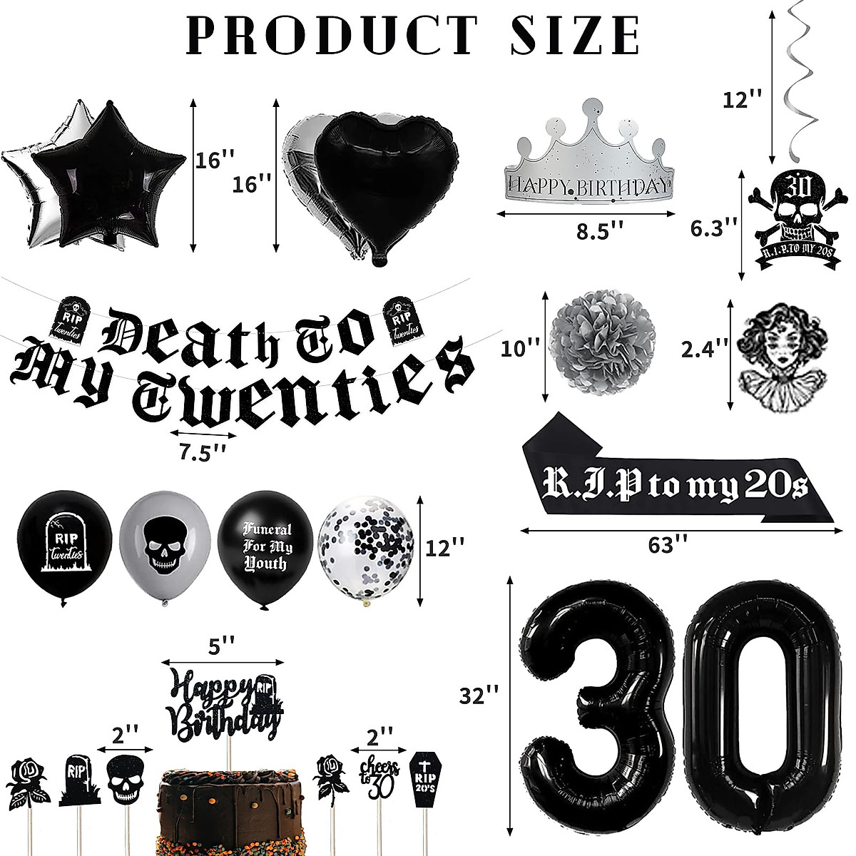 Black 30th Birthday Decorations for Women or Men, Death to My 20s Decorations, Death to My Twenties Banner Number 30 Balloons Rip to My 20s Sash Cake Toppers for Rip 20s Birthday Decorations