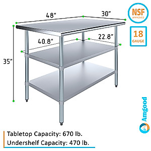 AmGood Stainless Steel Work Table with 2 Shelves | NSF | Metal Utility Table (48" Long x 30" Deep)