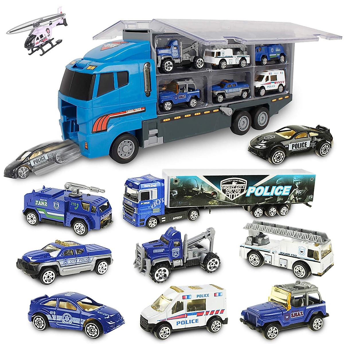 Jenilily Police Car Toy Blue Truck Toy Transporter Mini Vehicles Playsets in Carrier Truck for Kids 3 4 5 6