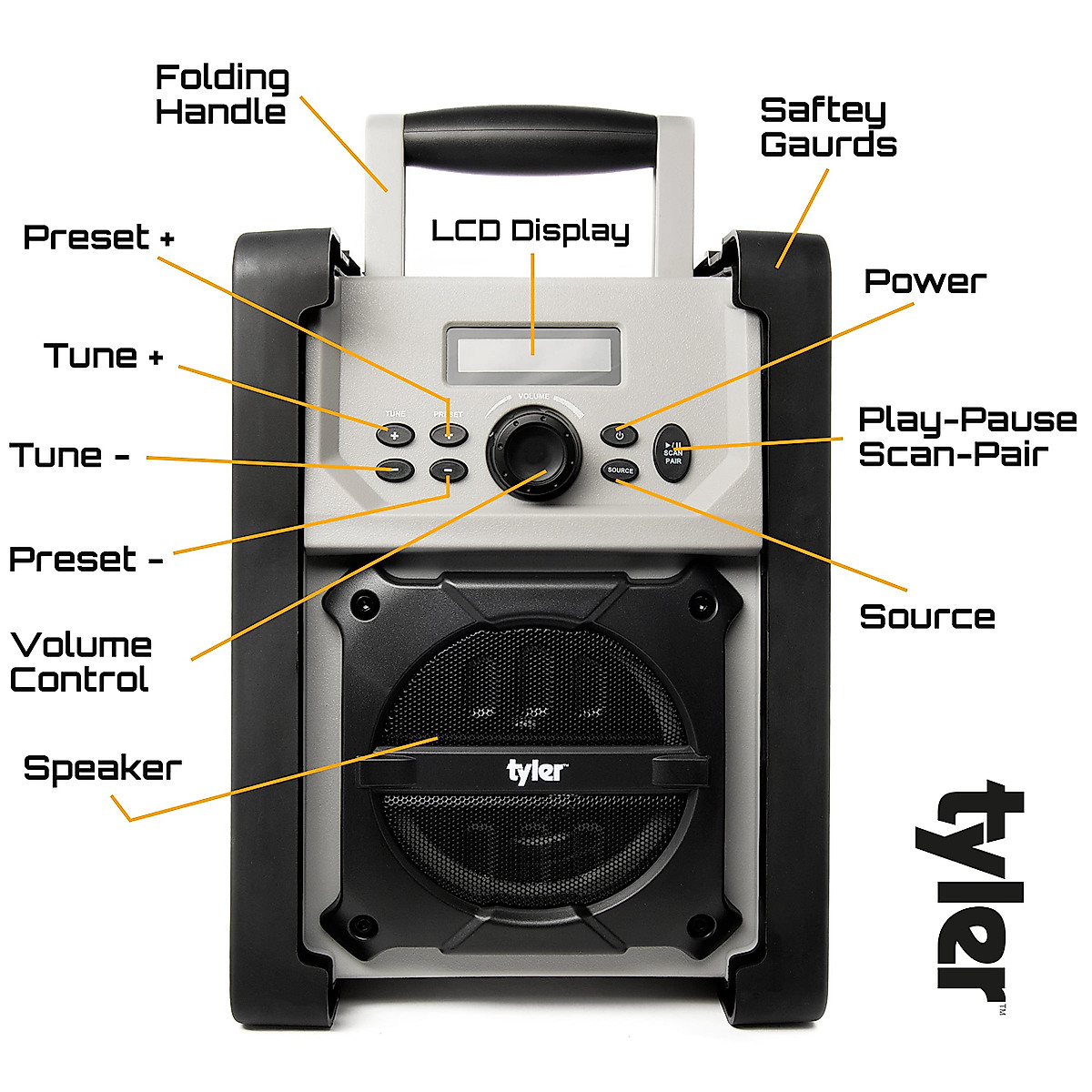 Tyler Bluetooth Jobsite Radio Speaker Wireless Battery Powered Or AC/DC - 100+ Feet Rang - USB - AUX Out - Full Band FM Radio - IPX5 Water Resistant - Outdoor Indoor Durable Portable Speaker TWS407