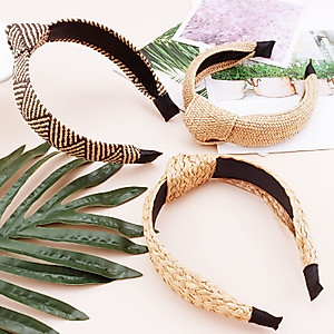 TOBATOBA Straw Headband for Women, 3Pcs Top Knot Headband, Summer Beach Headbands, Raffia / Rattan Headband, Boho Woven Headband No Slip