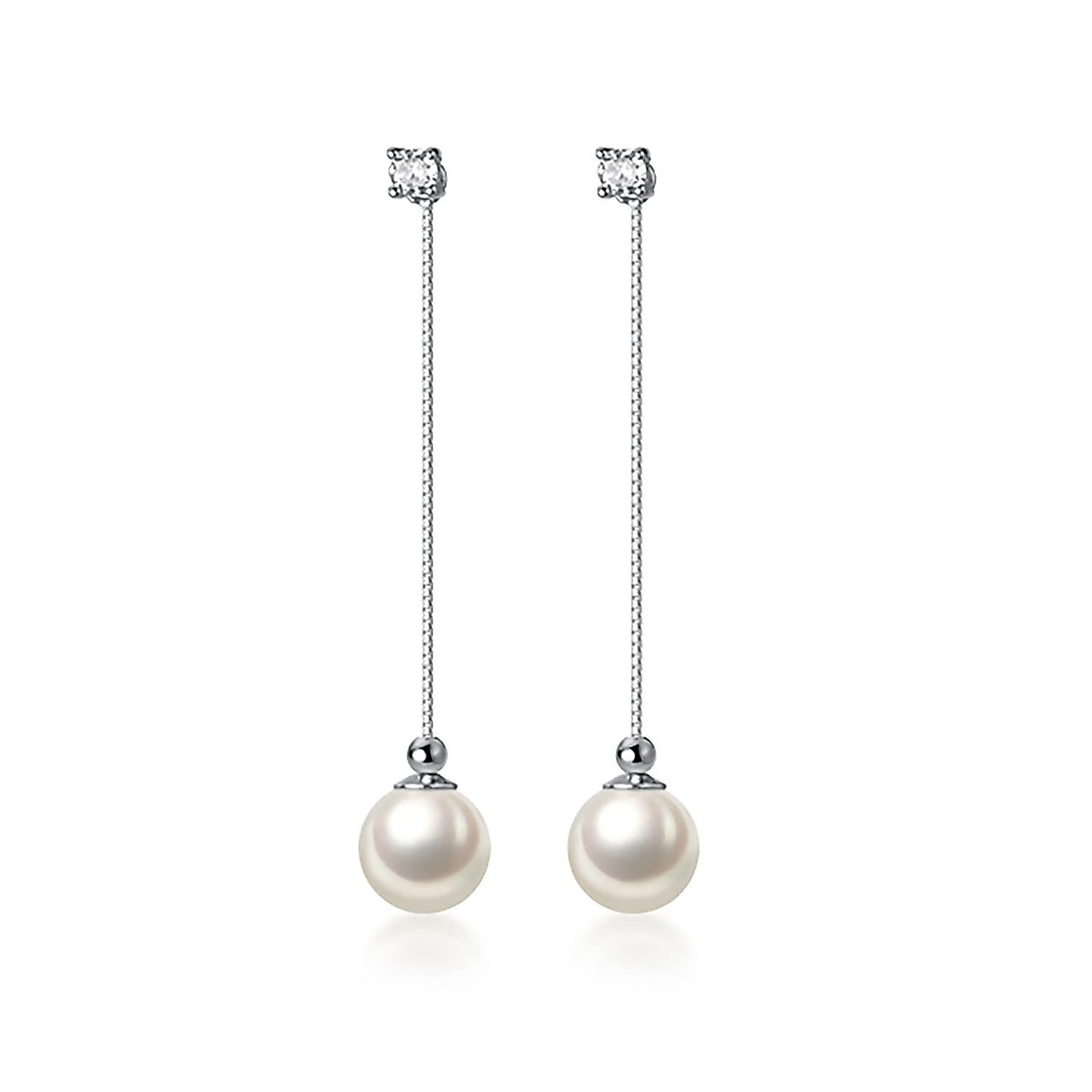 Reffeer Solid 925 Sterling Silver Pearl Earrings Drop for Women Teens Girls Pearl Dangle Earrings CZ Studs Wedding Bridal Dangle Earrings
