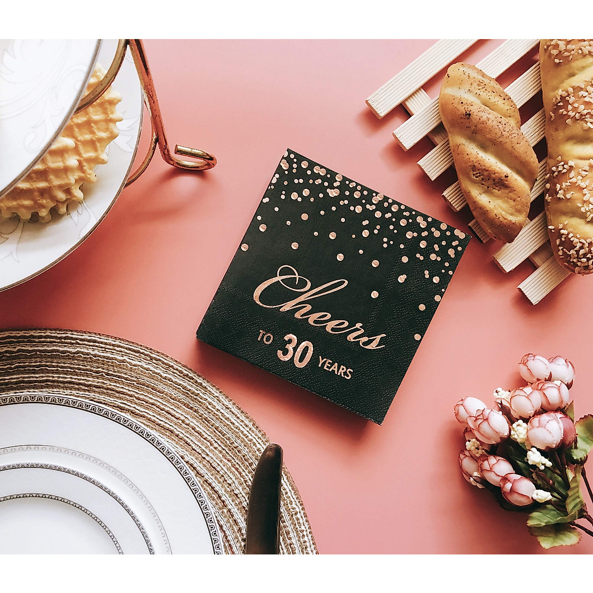 Rose Gold Foil Cocktail Napkins with Cheer 30 Years | Folded 5 x 5 Inches Disposable Party Napkins | 3-Ply Paper Beverage Napkins for 30th Birthday Decorations, Wedding Anniversary, Retirement, Black