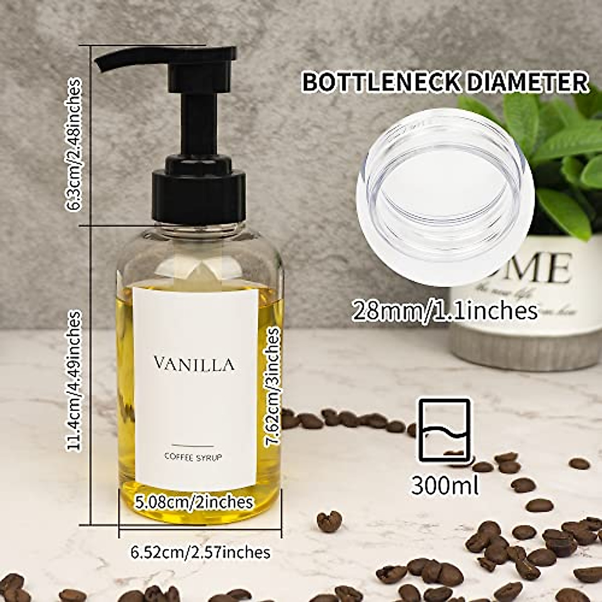 Ezebesta 4 Pieces Coffee Syrup Dispenser Bottle 300ml PET Black Pump Bottles with Labels for Coffee Bar Organization