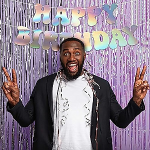 Pre-Strung Happy Birthday Banner - NO DIY - Iridescent Birthday Party Banner - Pre-Strung Garland on 8 ft Strands - Holographic Shiny Foil Retro 70s Birthday Party Decorations. Did we Mention no DIY