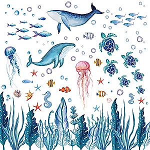 Whaline 143 Pieces Ocean Wall Decals Watercolor Under The Sea Wild Life Animals Wall Stickers Waterproof Peel and Stick Removable Murals for DIY Nursery Bedroom Living Room Bathroom Wall Art Decor