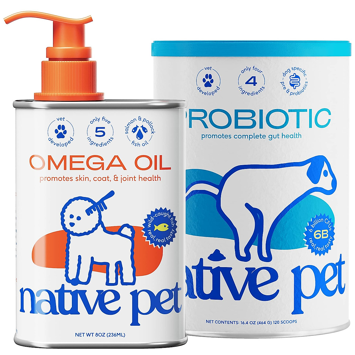 Native Pet Probiotic for Dogs & Omega Oil for Dogs| Vet Created Probiotic Powder for Dogs for Digestive Issues | 8 Oz. Omega Oil & 16 Oz. Probiotic