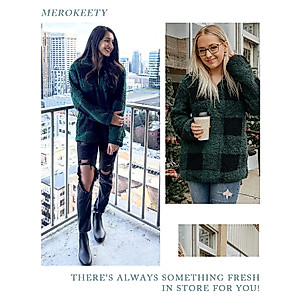 MEROKEETY Women's Plaid Sherpa Fleece Zip Sweatshirt Long Sleeve Pullover Jacket, Green, L