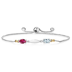 Gem Stone King 1.04 Ct Red Created Ruby Sky Blue Aquamarine 925 Silver and 10K Yellow Gold Lab Grown Diamond Bracelet For Women