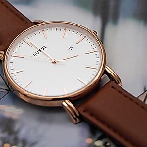 BUREI Men's Fashion Minimalist Wrist Watch Analog Date with Leather Strap (Rose Gold Brown)