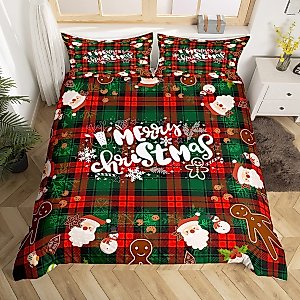 Christmas Duvet Cover Queen,Cartoon Santa Claus Snowman Bedding Set for Adult,Red Green Grid Checkered Comforter Cover,Snowman Snowflake Bells Quilt Cover with 2 Pillow Shams Bedroom Decor