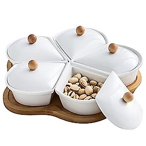 WMM 11 Inch Ceramic Divided Serving Dishes with Bamboo Tray and Lids, 5 Removable Snack Bowls Relish Tray for Candy, Nut, Fruits, Chips and Dip