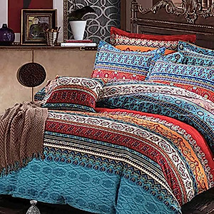 Nanko Queen Duvet Cover Set Boho Red Blue Colorful Retro Striped Print 3pc 90 x 90 Luxury Soft Microfiber Down Comforter Quilt Bedding Cover with Zipper Ties - Bohemian Exotic Style for Men and Women