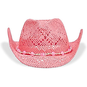 Zodaca Pink Cowboy Hat for Women - Pink Straw Beach Hat, Cute Cowgirl Hat with Beaded Heart Trim and Braided Chain (Adult Size)