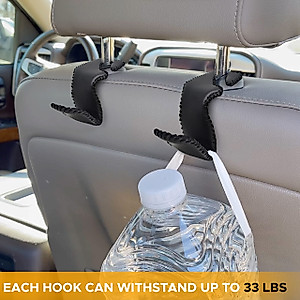 EcoNour Leather Car Seat Hooks (2 Pack Black) | Portable Bag Holder for Car to Keep Your Purse, Groceries & Handbags from Sliding Around | Headrest Hook with Crafted Stitches