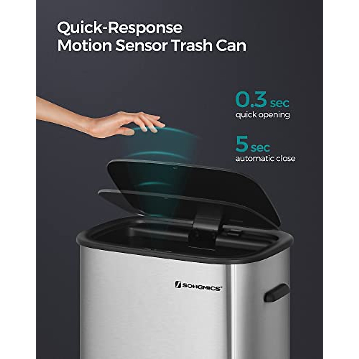 SONGMICS Motion Sensor Trash Can, 13 Gallon Automatic Garbage Can with Soft-Close Lid and Bag Retainer Ring, Stainless Steel, Touchless Kitchen Trash Bin, 15 Trash Bags Included, Silver ULTB610E50
