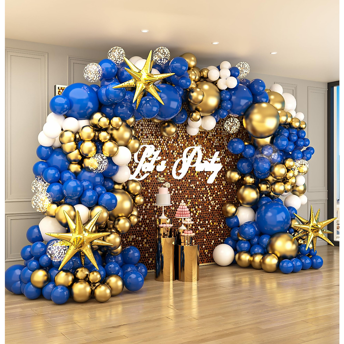 PARTYNOW 144Pcs Royal Blue and Gold Balloons Garland Arch Kit with Explosion Star Balloons 5/10/12/18in Blue White Gold Balloons for 2024 Graduation New Year Wedding Birthday Party Decorations