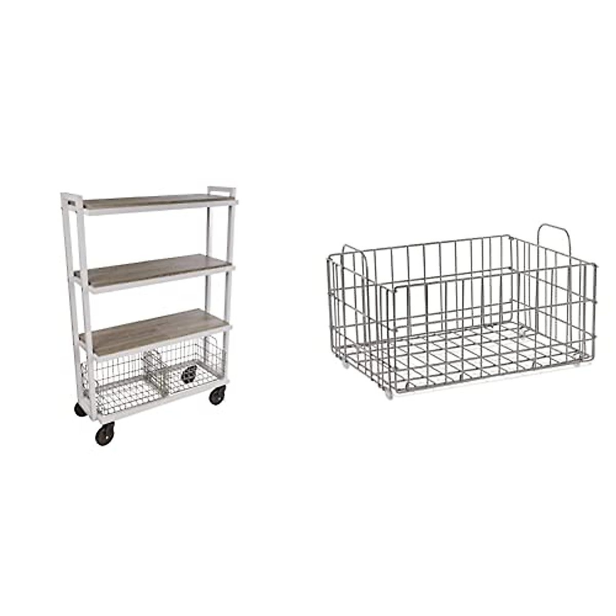 Atlantic System 4 Tier Cart-Wide Mobile Storage, Interchange Shelves and Baskets, Powder-Coated Steel Frame PN in White & Modular Cart System Wire Storage Basket