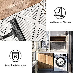 Boho Cotton Area Rug 4’ x 6’, Large Hand Woven Washable Indoor Accent Rugs, Moroccan Geometric Throw Floor Carpet for Living Room Bedroom Dining Room Home Decor,Off White