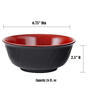 Hinomaru Collection Itamae Tableware Red Black Melamine Large Bowl Series Multi Purpose Ramen Noodles Pho Udon Soba Bowl Home or Restaurant Supply Use (6.75 inch/24 fl oz)