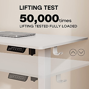 JYLH JOYSEEKER White Standing Desk, 48 X 24 Inch Adjustable Height Electric Desk, Sit Stand Desk with Splice Board and 2 Hooks, Ergonomic Rising Desk for Home Office