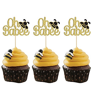 Gyufise 24Pcs Bumble Bee Cupcake Toppers Oh Babee Cupcake Picks Gold Glitter Oh Baby Cupcake Picks for Baby Shower Birthday Party Decorations Supplies