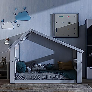 HAUSHECK Toddlers Montessori Bed Twin Size, Montessori Floor Bed with LED Light Strip, Roof and Window Design, House Bed Frame for Kids Boys, Girls, Wood Bed Frame with Headboard and Footboard