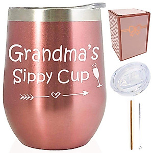 Grandma's Sippy Cup-Fun Birthday Christmas Mother's Day Gifts Ideas for New Grandmother/Mother-in-Law|12 oz Stainless Steel Wine Tumbler/Travel Coffee Mug Glass(12 oz, Grandma's Sippy Cup - Rose Gold)