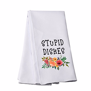 PWHAOO Funny Kitchen Towel Dish Towel Stupid Dishes Funny Sayings Farmhouse Decor (Stupid Dishes T)