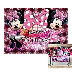 Cartoon Mouse Backdrop Pink Girls Birthday Lights Ball Bowknot Glitter Sequin Dot Photo Background Kid Girls Birthday Party Supplies 7x5ft Newborn Baby Shower Decoration Photo Booth Studio Prop