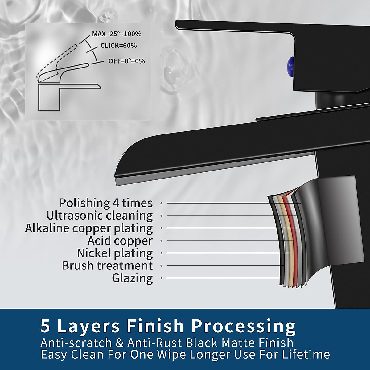 BWE Black Bathroom Faucet Waterfall Matte with Pop Up Drain Stopper Overflow Assembly and Supply Hose Bath Single Hole Handle Modern Bathroom Sink Faucet Lavatory Mixer Tap