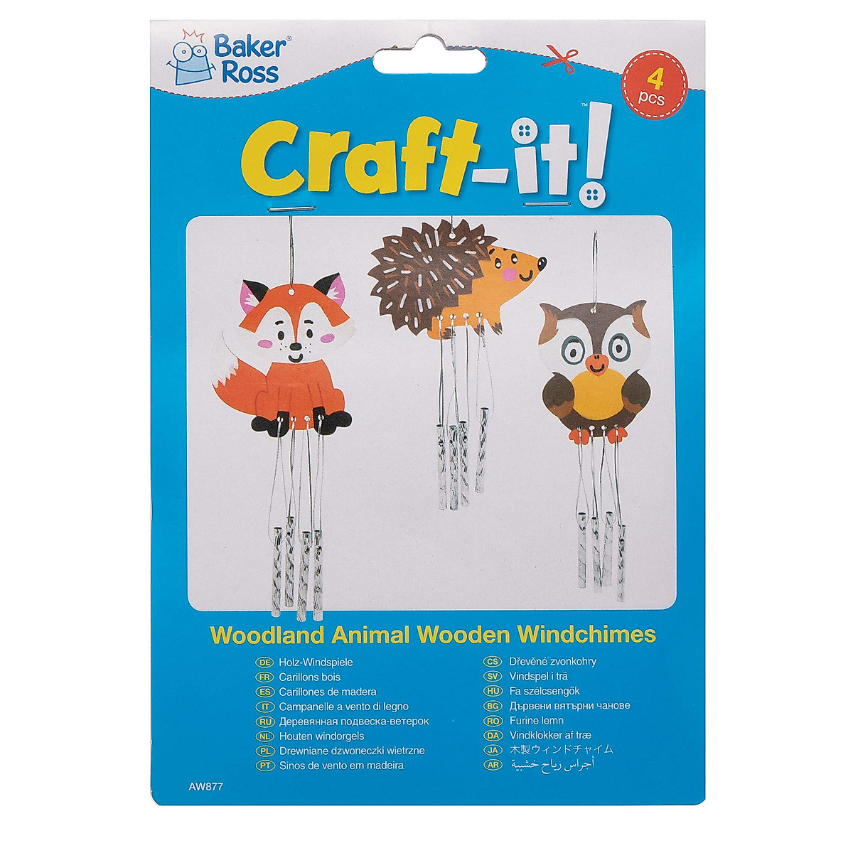 Baker Ross AW877 Woodland Critter Wooden Windchimes - Pack of 4, Musical Chime Kits for Kids Arts and Crafts Projects, Great Indoor or Outdoor or as a Gift for Creative Children