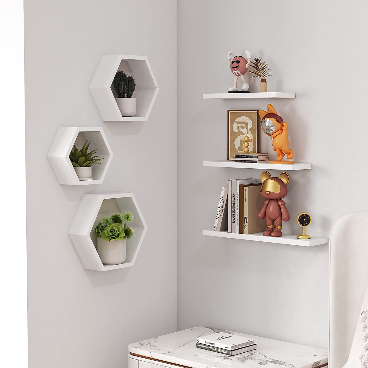 Wooden Hexagon Floating Shelves Wall Mounted - Set of 6 Pine Wood Hexagon Shelves Display for Photos,Plants,Rustic Honeycomb Shelves for Living Room, Bedroom,Bathroom, Kitchen, Office, White.