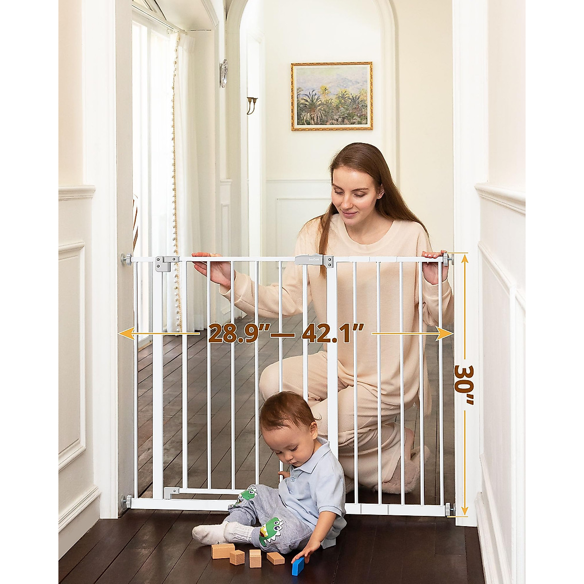 InnoTruth Extra Tall Baby Gate for Stairs and Doorways, 29" to 39.6" Width with 36" Height,Dog Gate for The House with Wall Pressure Mounted Frame, Auto Close Pet Gates for Toddler,Milk White