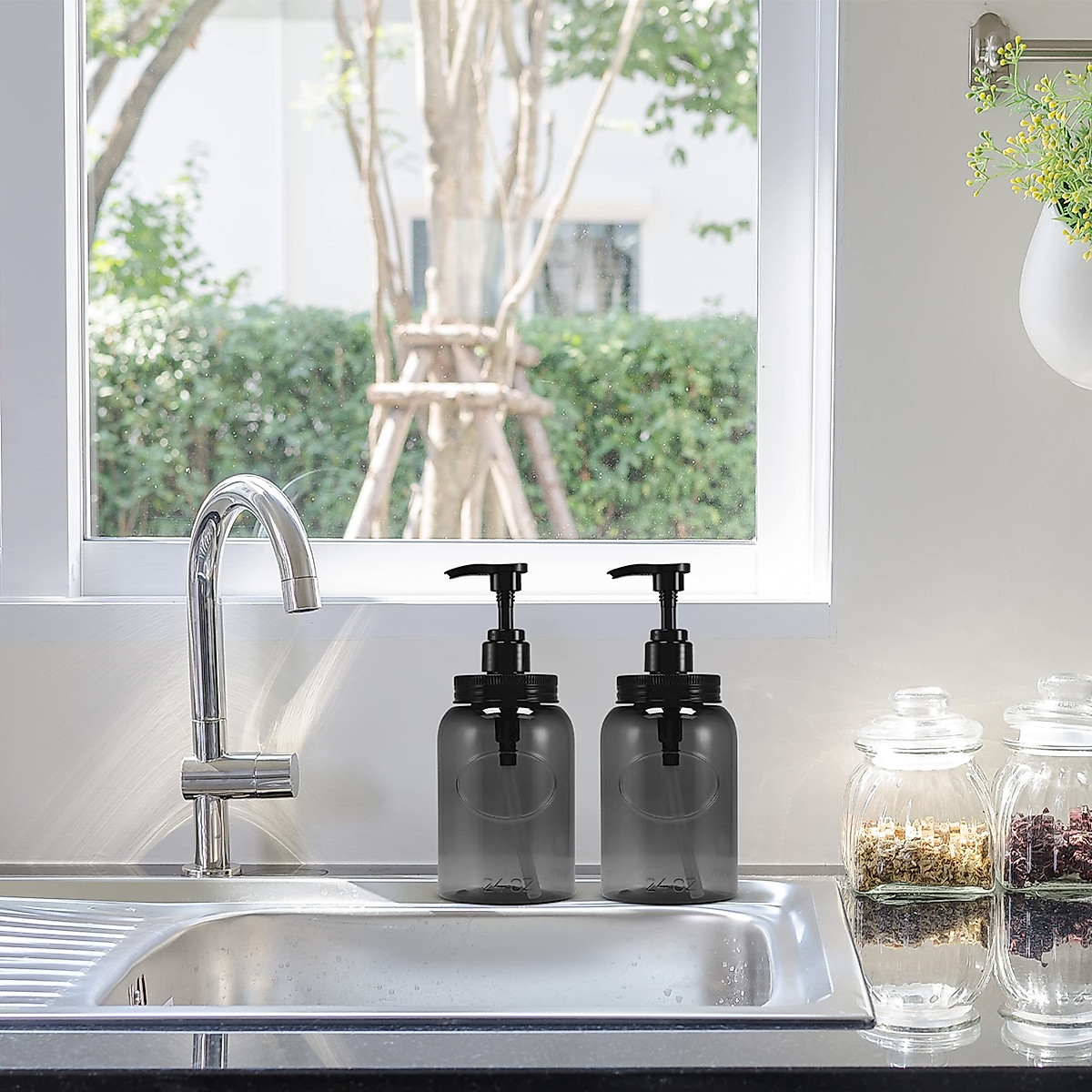 Bottiful Home-24 oz Plastic Refillable Wide-Mouth Jar Style Pump Bottle Dispenser Set of 4 for Shampoo, Conditioner, Wash, Soap, Lotion, Dish Soap, Sanitizer, Detergent (Gray)