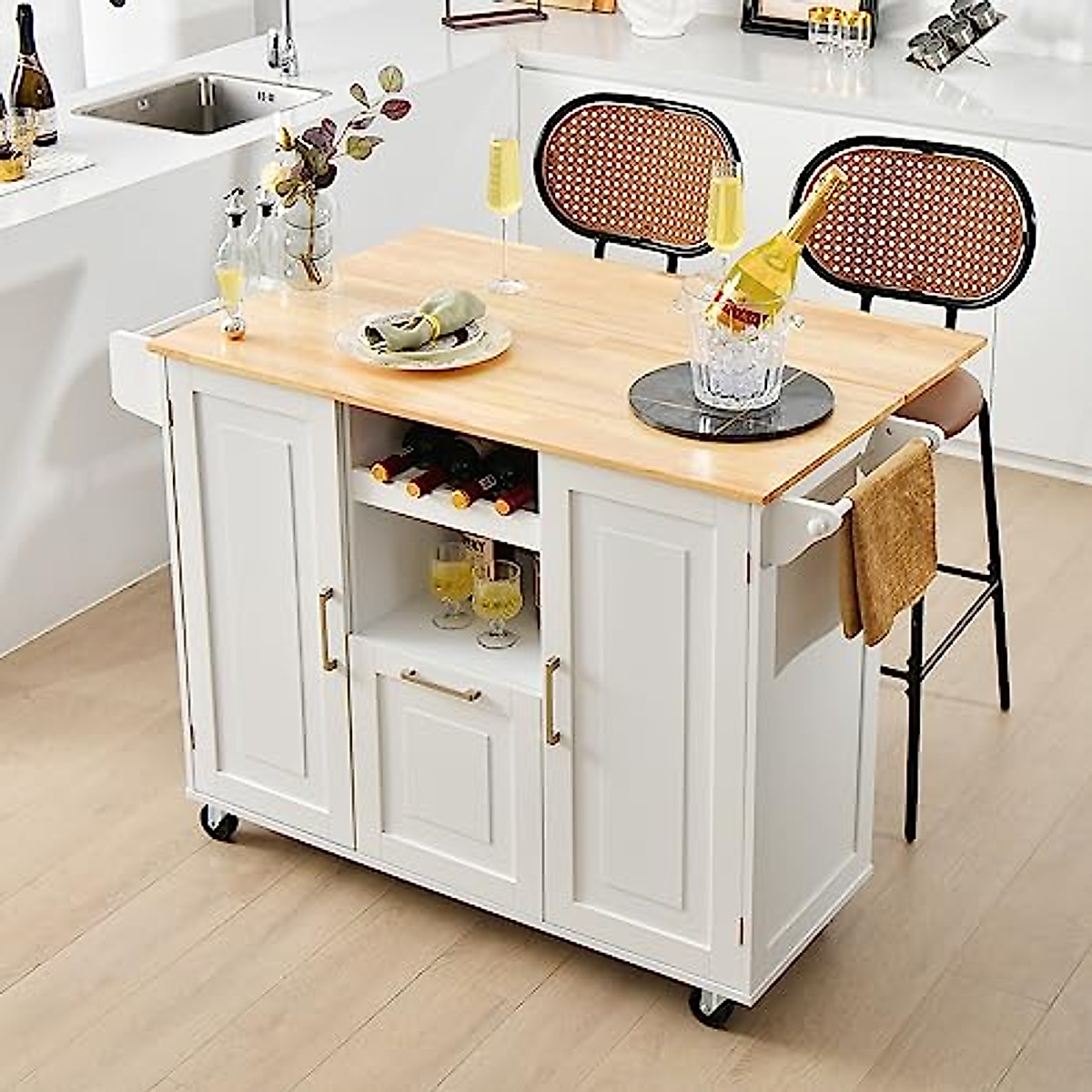 Giantex Mobile Kitchen Island with Drop Leaf, Rolling Island Table with Rubber Wood Top, Storage Cabinets, Deep Drawer, Wine Bottle Rack, Spice Rack, Serving Cart for Dining Room Bar (White)