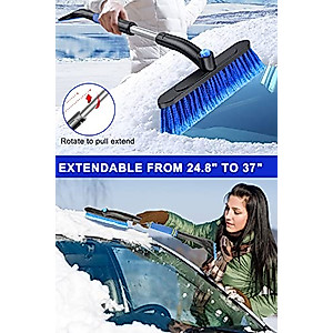 Motomate 37" Ice Scraper and Extendable Snow Brush, Detachable Snow Scraper with Foam Grip 360° Pivoting PVC Brush Head for Car Windshield, Truck, SUV (Blue)